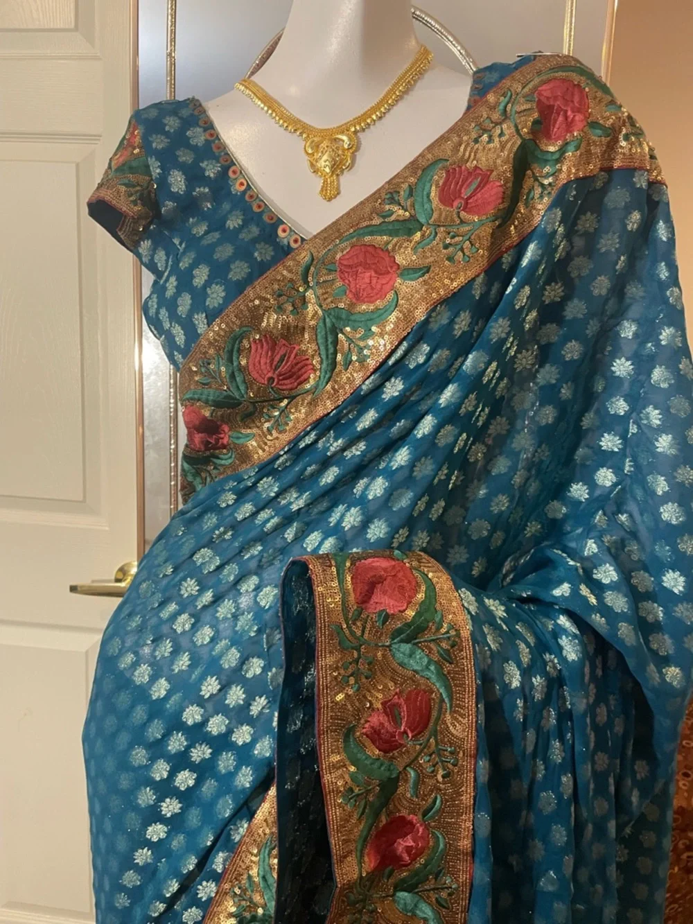 Sarees | Teal Blue Embroidered Floral Saree With Gold Border | Poshmark
